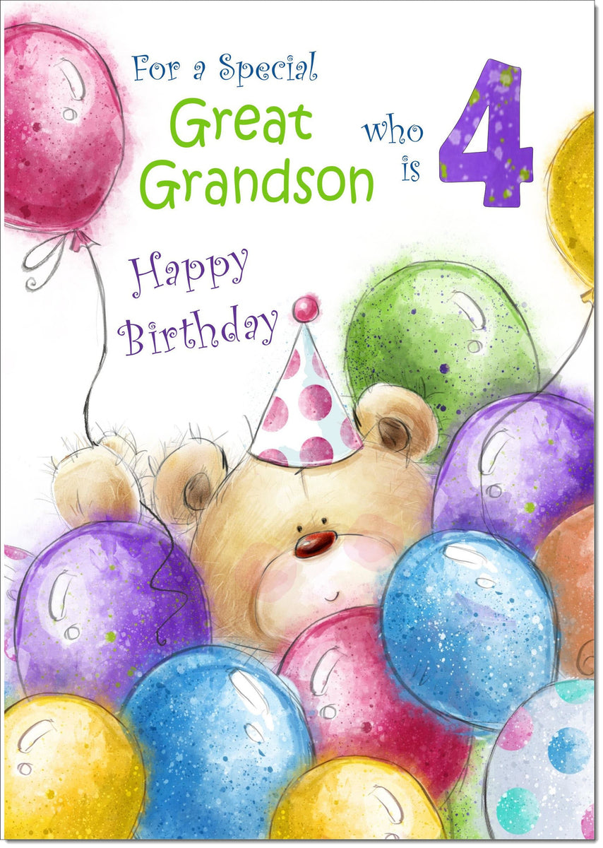 Great Grandson 4th Birthday Card Age 4 Cute Teddy – doodlecards