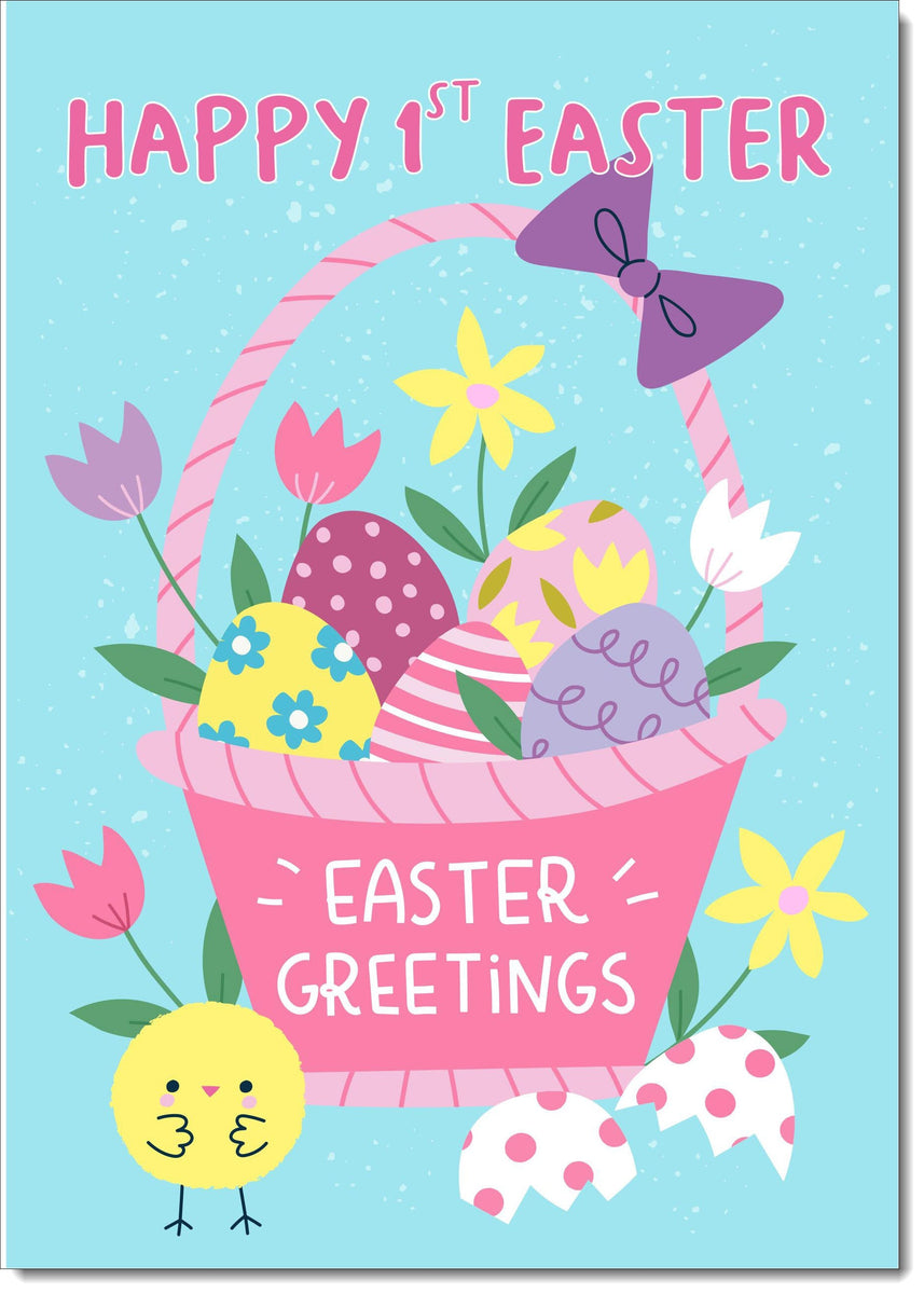 First 1st Easter Card Pink Basket of Eggs – doodlecards