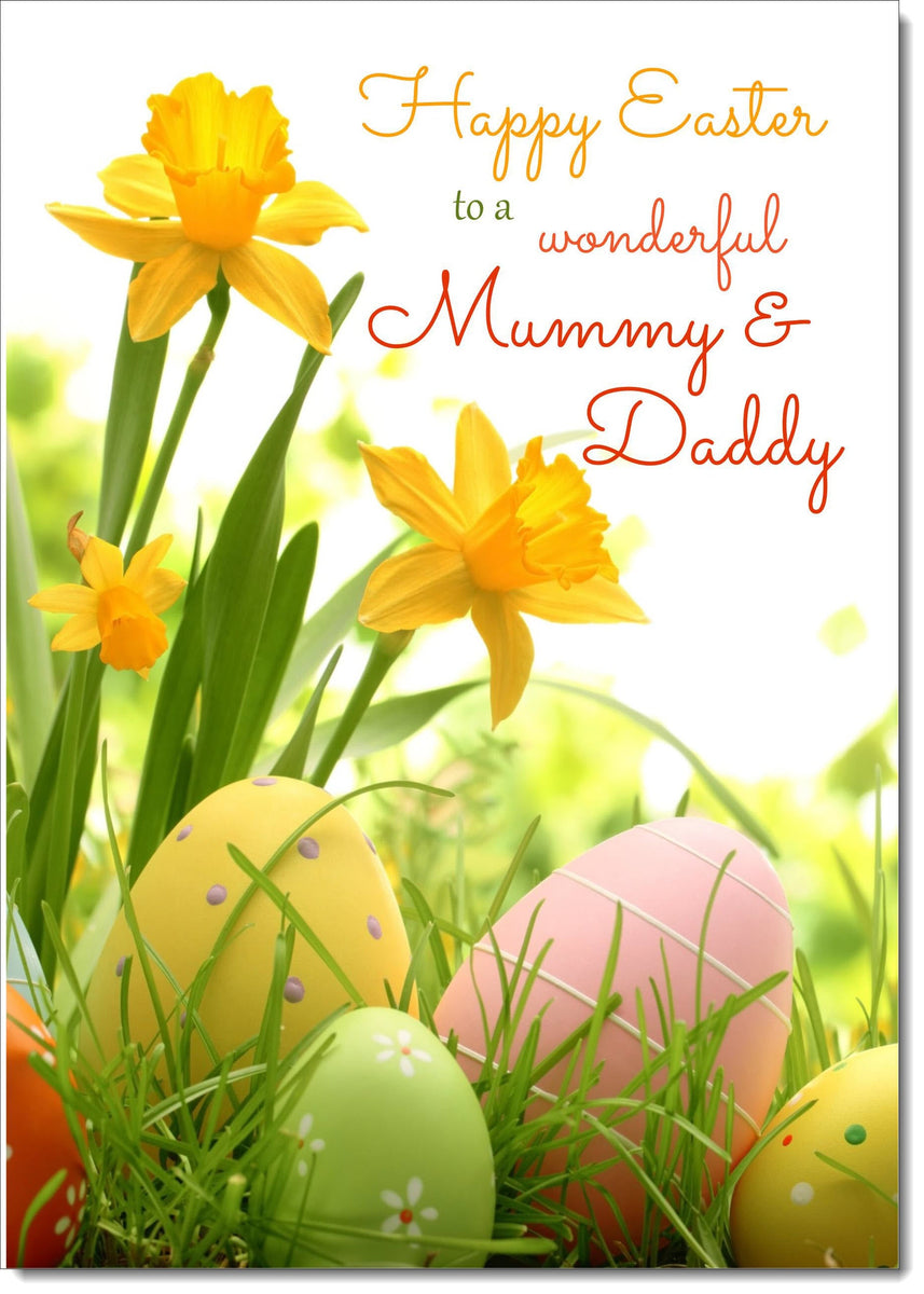 Mummy & Daddy Easter Card Daffodils & Eggs – doodlecards