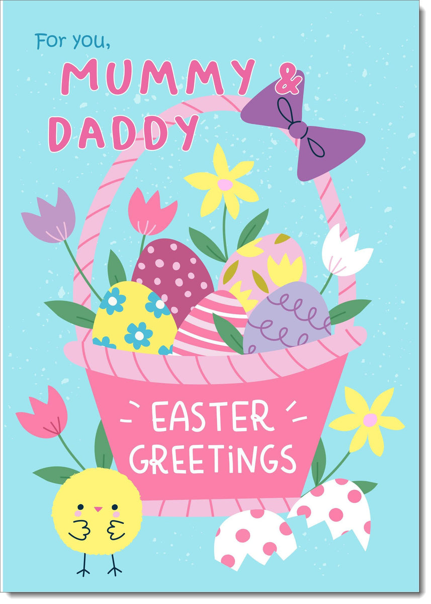 Mummy & Daddy Easter Card Pink Basket of Eggs – doodlecards