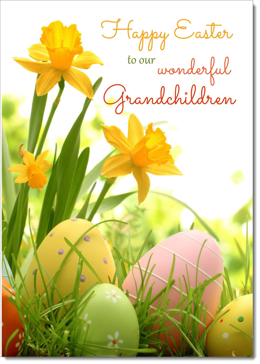Grandchildren Easter Card Daffodils & Eggs – doodlecards