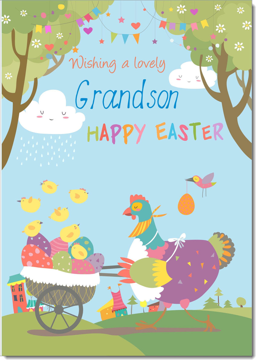 Grandson Easter Card Mother Hen and Easter Eggs – doodlecards
